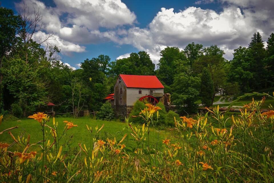 Paisagem rural com um celeiro de telhado vermelho, vegetação exuberante e um céu nublado.