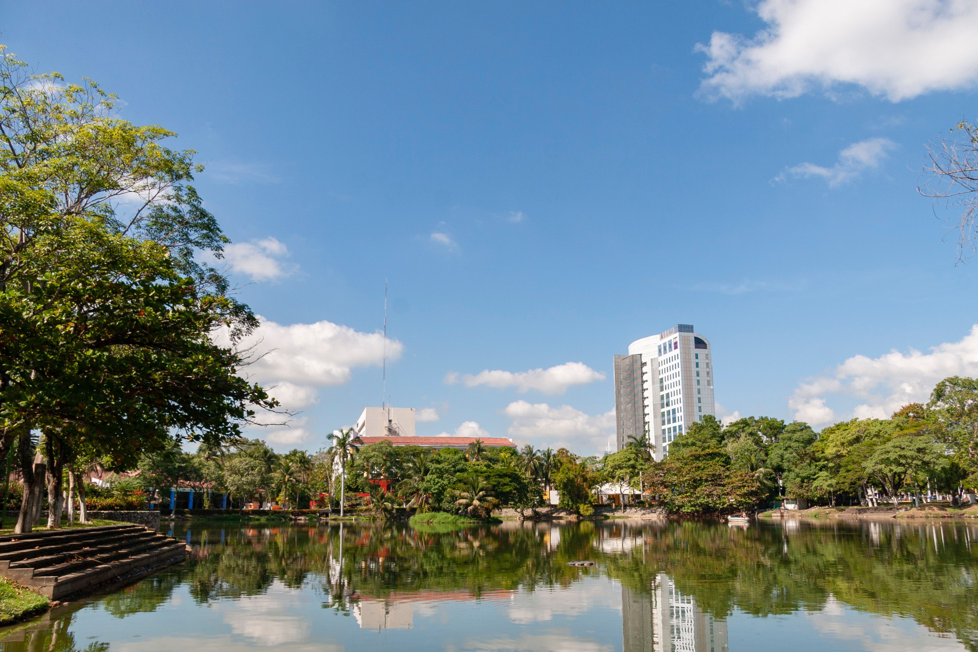 Um lago tranquilo refletindo árvores e edifícios, rodeado por vegetação e um céu azul límpido.