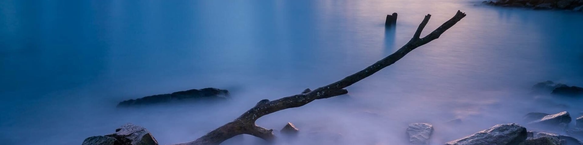 Um pôr do sol sobre um lago calmo, com um galho de árvore caído em primeiro plano e margem rochosa.