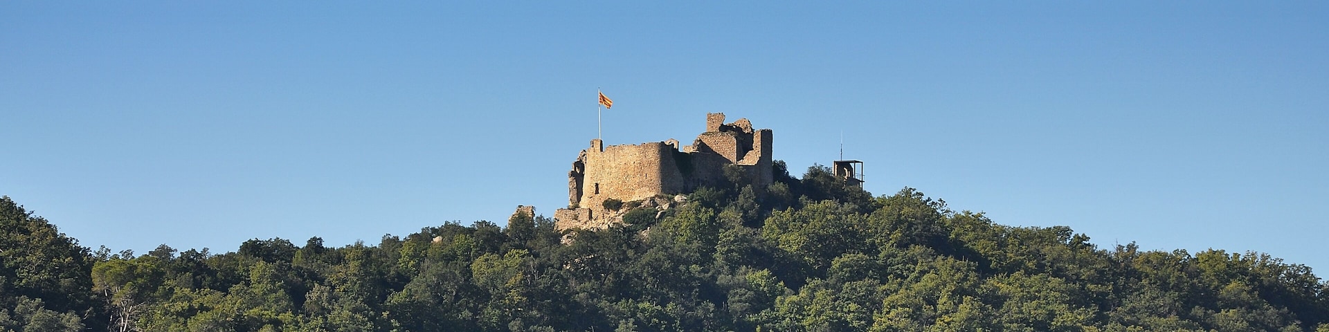 Um castelo histórico no topo de uma colina, rodeado por uma floresta densa.