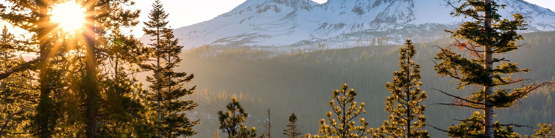 Uma cordilheira com picos nevados, uma floresta de árvores perenes e o sol se pondo ao fundo.