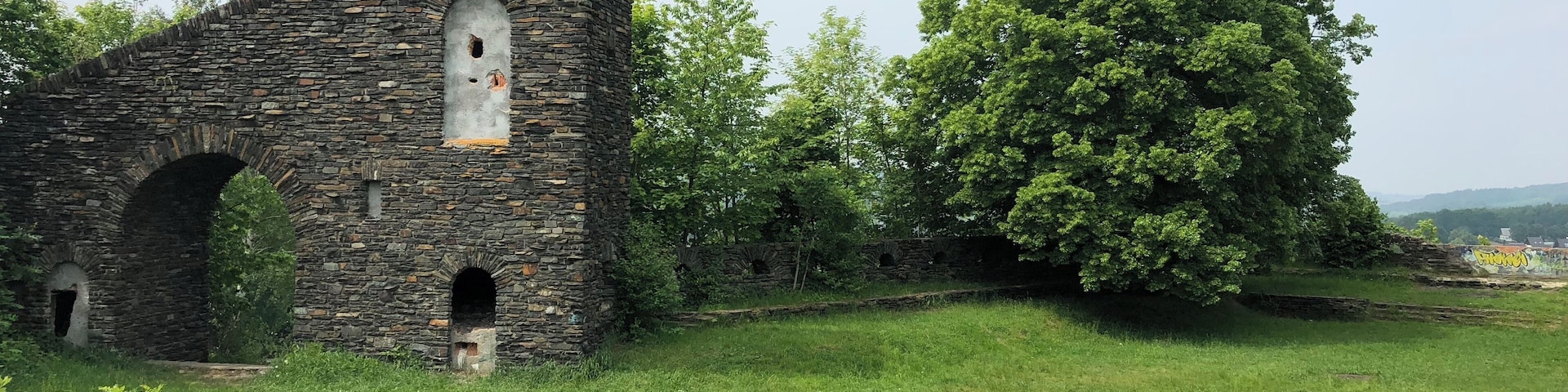 Interior of the memorial "Ehrenmal"on the Hill "Rützengrüner Höhe" in Rodewisch. On the right side is a not original piece of wall. Its standing on the former spot of a column with a Nazi Reichsadler on the top, which was blown up in May 1945 by American troops.
