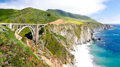 Paisagem costeira com uma ponte, falésias e oceano.