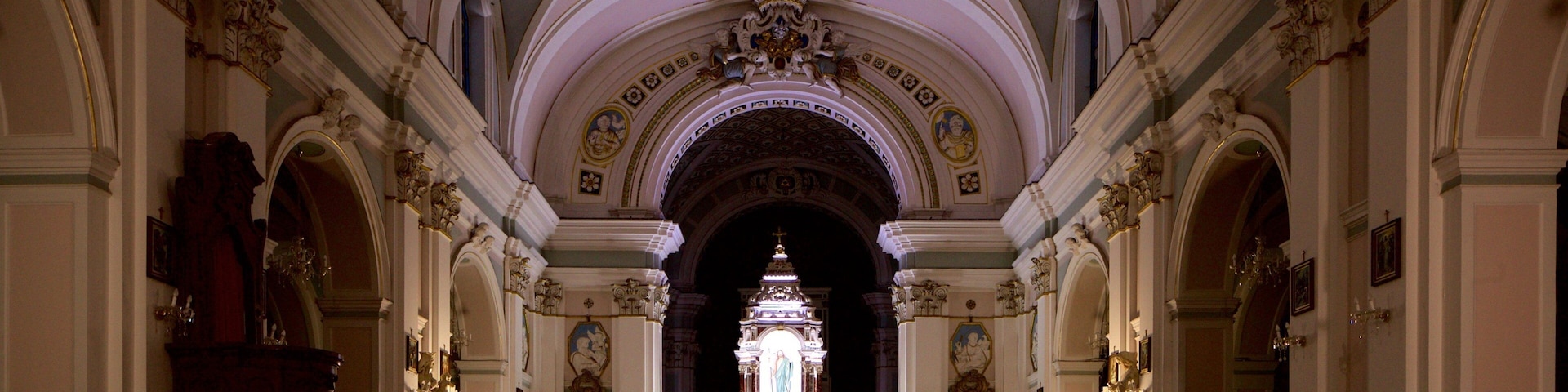 Interior de igreja ornamentado com tetos abobadados e fileiras de bancos.