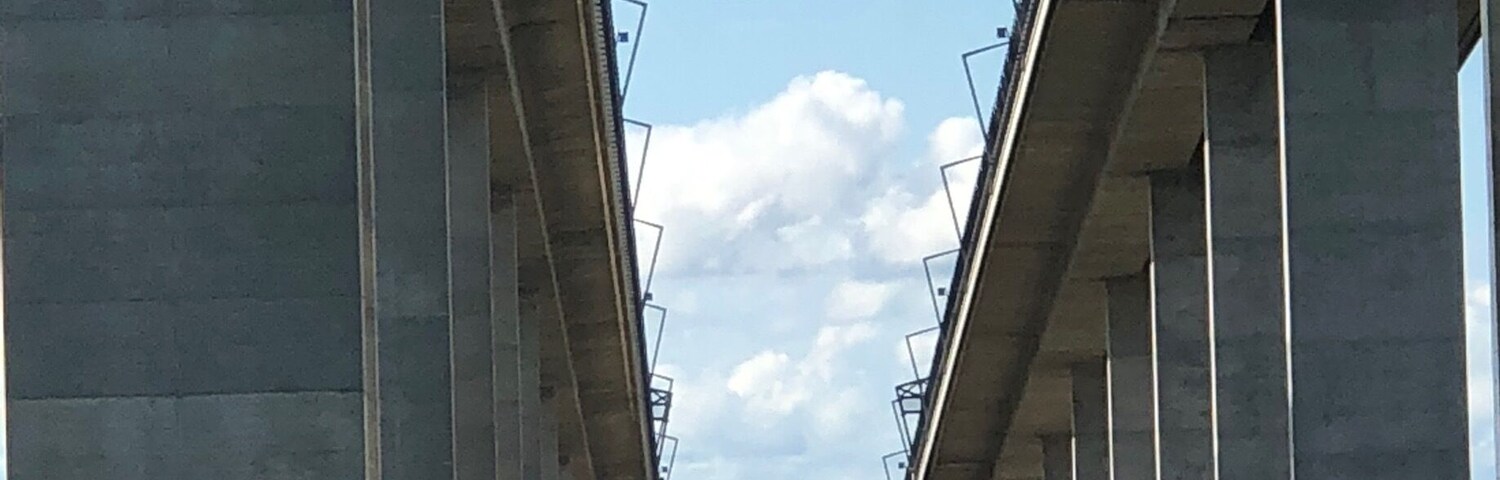 Commonly known as the Gateway Bridges.
Sir Leo Hielscher Bridges
Concrete cantilever box girder
Total length 1,627 metres (5,338 ft)
Width 22 metres (72 ft)
Height	64.5 metres (212 ft) above river level
Longest span	260 metres (850 ft)
Clearance below	59.2 m (194.2 ft) at mid-span