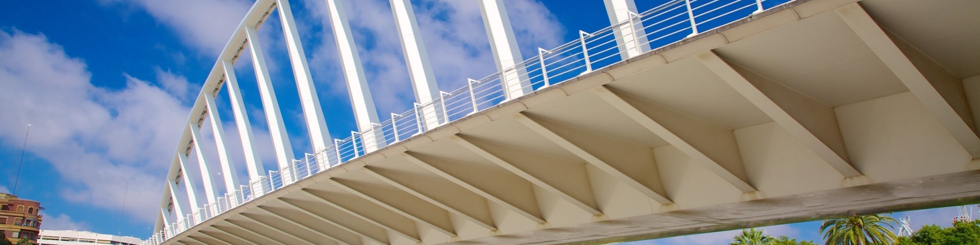 Uma ponte moderna com pilares brancos e design curvo, atravessando uma estrada com barreiras de concreto e um ciclista.