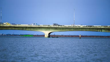Uma ponte de concreto sobre a água, com veículos passando.
