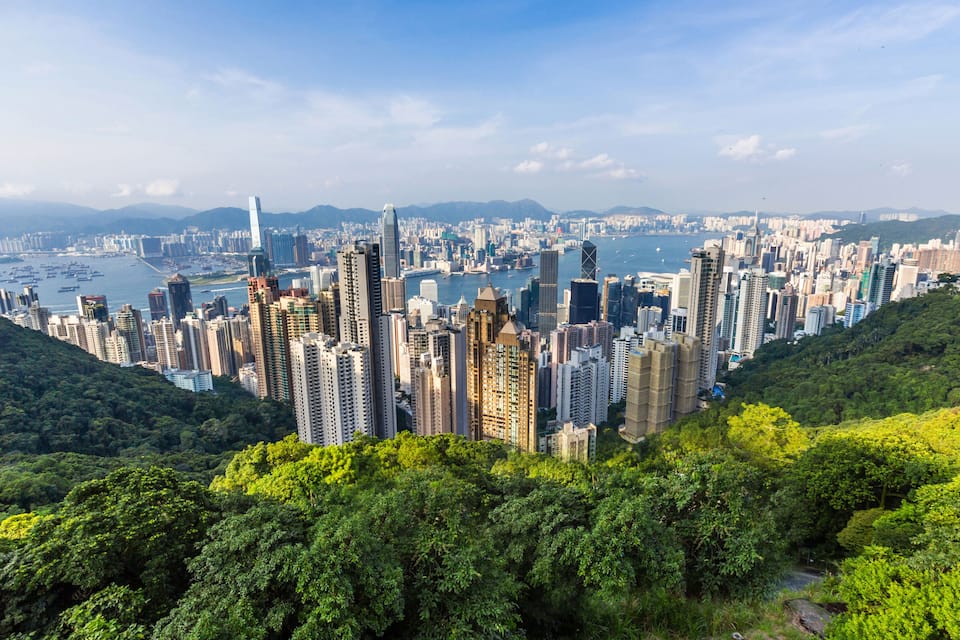 Paisagem urbana com edifícios altos e próximos, um rio e áreas verdes ao redor.