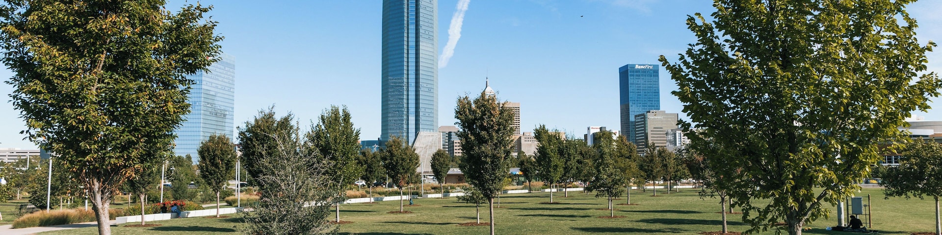 Um parque com árvores e um arranha-céu imponente ao fundo.
