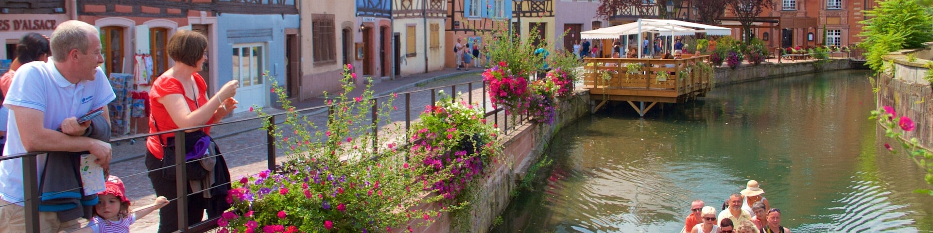 Colmar caracterizando flores, canoagem e uma cidade