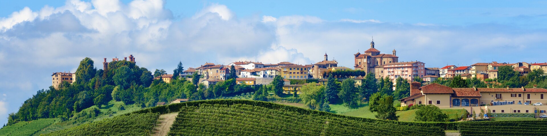 Uma cidade situada numa colina, com vinhedos em socalcos e edifícios históricos.