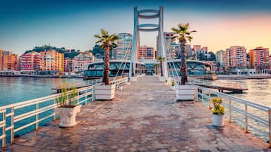 Um calçadão à beira-mar com uma ponte moderna, palmeiras e edifícios residenciais.