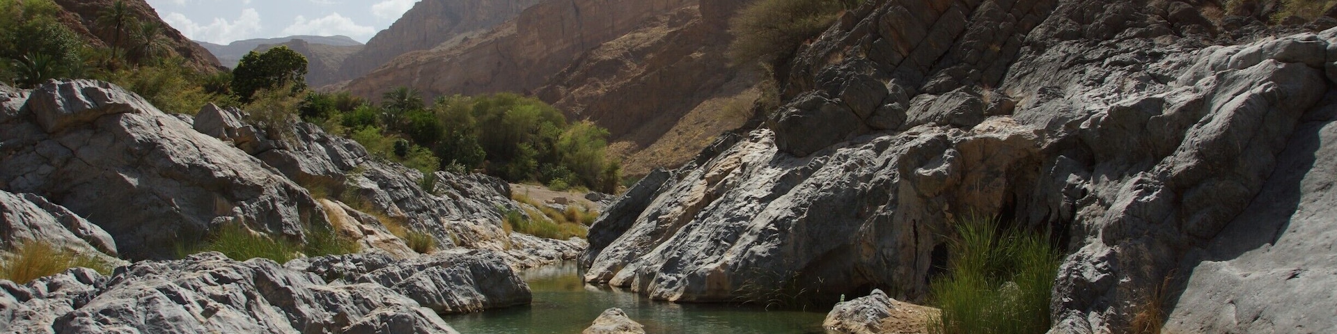 Further upstream, this doesn't look deep, but is at least 7 feet deep in the darker green parts. A pair of old sand shoes or reef shoes and the ability to swim are needed for continuing up the wadi, but it is well worth the effort.