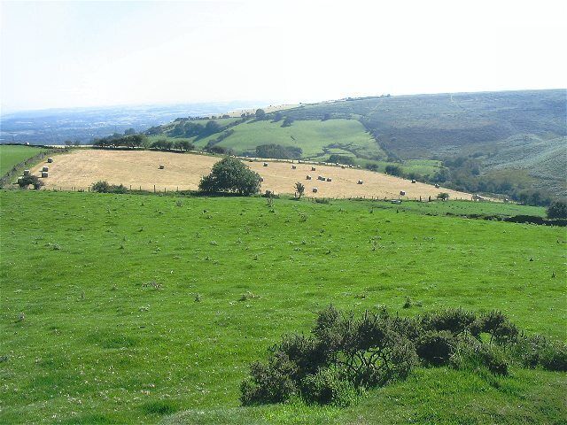 Top of Cwm Rhydymilwyr The view south over fields at the top of the cwm as seen from the Ridgeway route on Mynydd Maendy.
