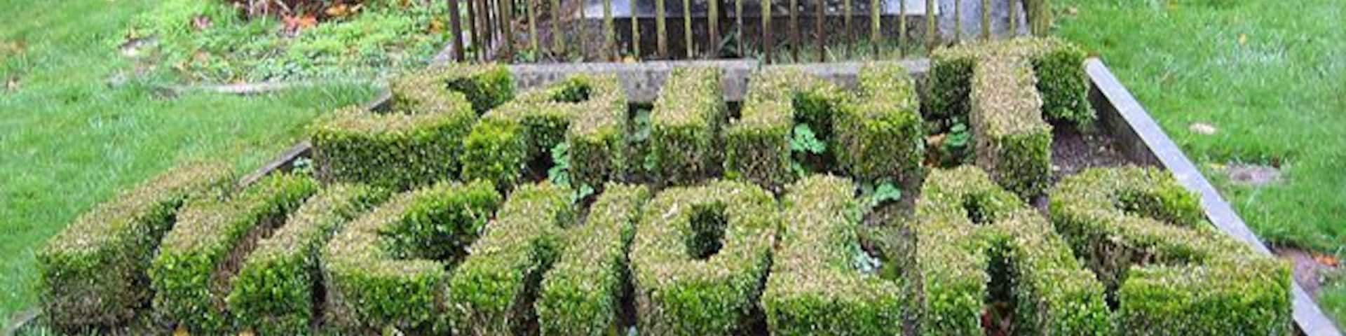 Churchyard topiary Lovingly clipped box hedges spell out the name of the village church.