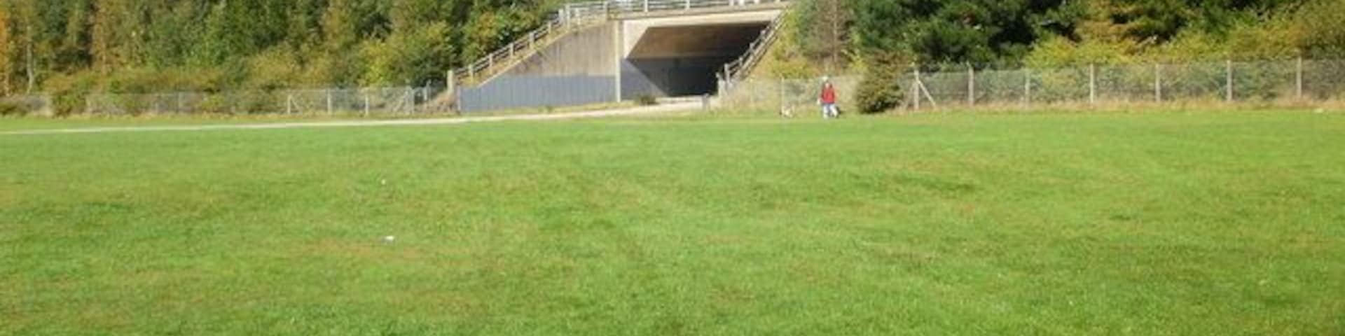 Glebelands, Newport The Glebelands is a large recreation and sports area bordering the River Usk. It is split in two by the M4 motorway. This view is from the south side, towards the motorway bridge.