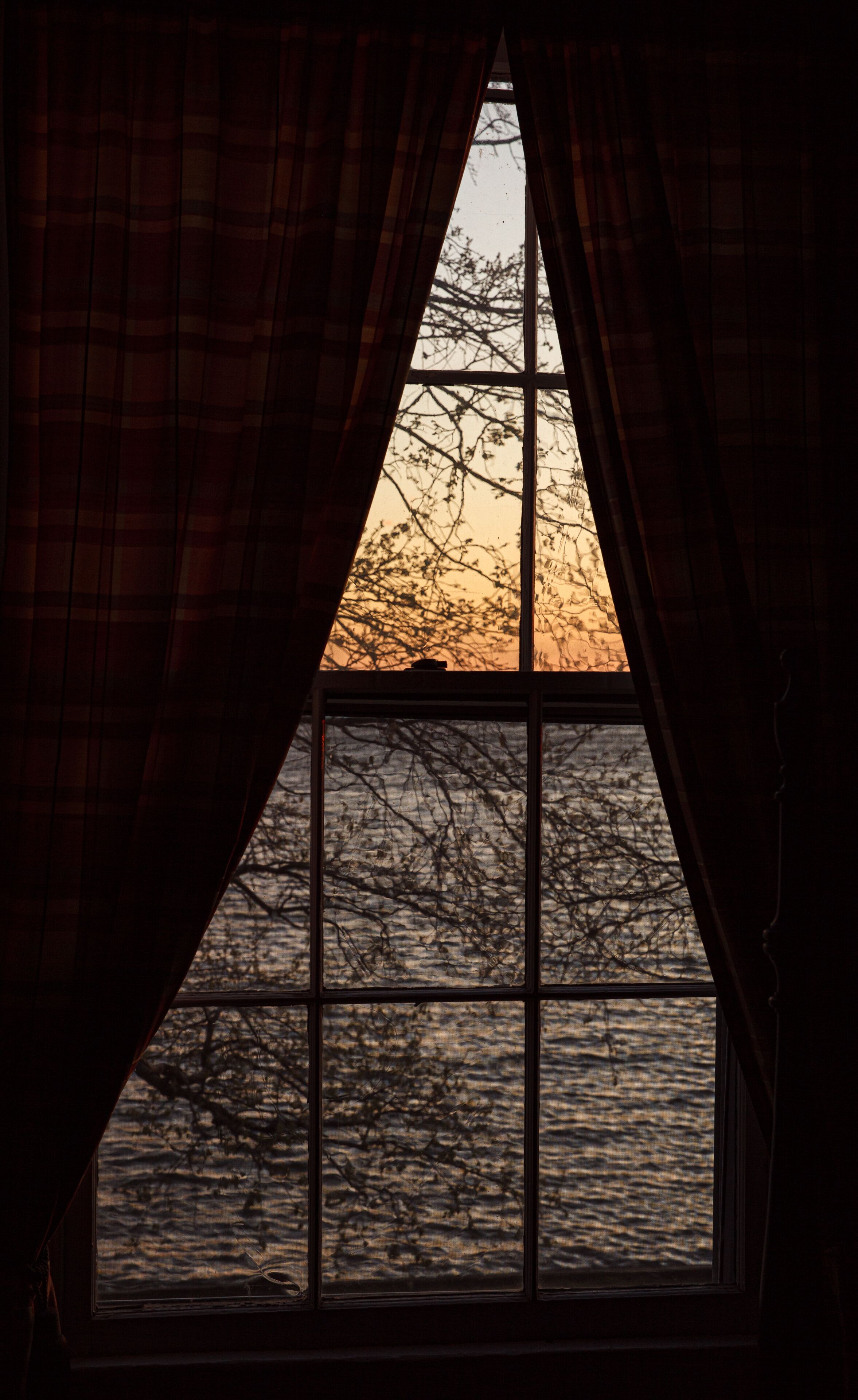 Janela com vista para árvores e um pôr do sol.