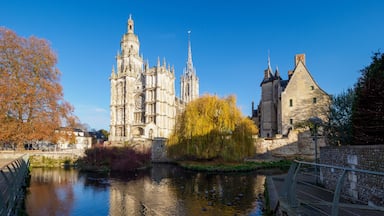 Uma catedral histórica com arquitetura elaborada, um rio com patos e árvores em tons de outono.