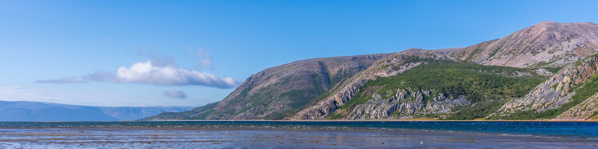 Paisagem costeira com céu claro, mar calmo e montanha coberta por vegetação verde.