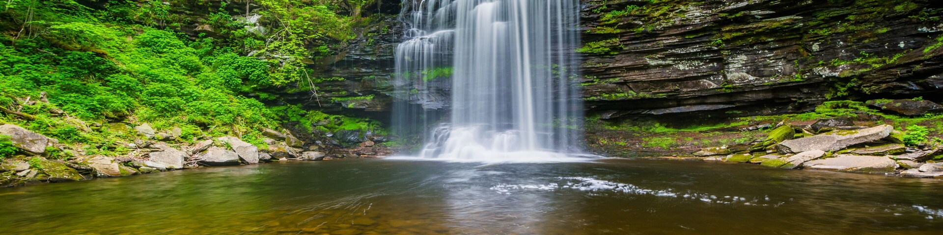 Cachoeira em área arborizada, com águas cristalinas e vegetação exuberante ao redor.