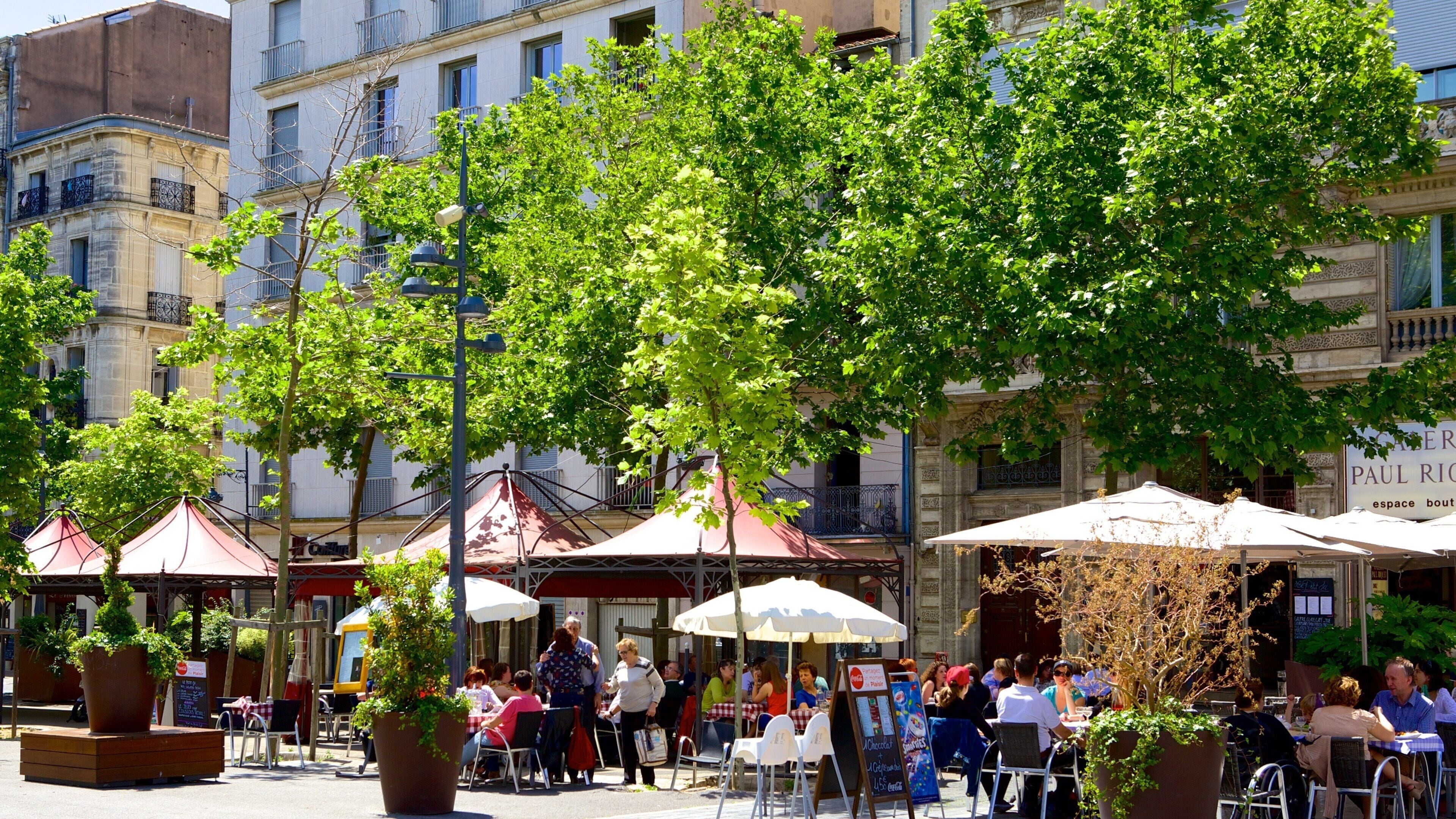 Um espaço de café ao ar livre movimentado, com pessoas a jantar sob guarda-sóis, rodeado por edifícios históricos e árvores.
