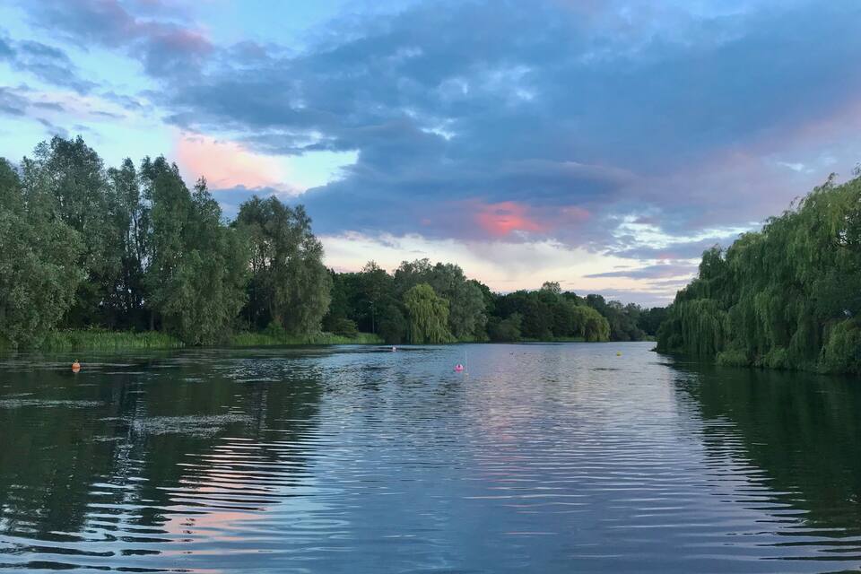 Um rio calmo ladeado por árvores densas sob um céu parcialmente nublado.