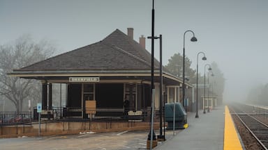 Estação de trem enevoada chamada 'DEERFIELD', com área de espera coberta, plataforma e trilhos.