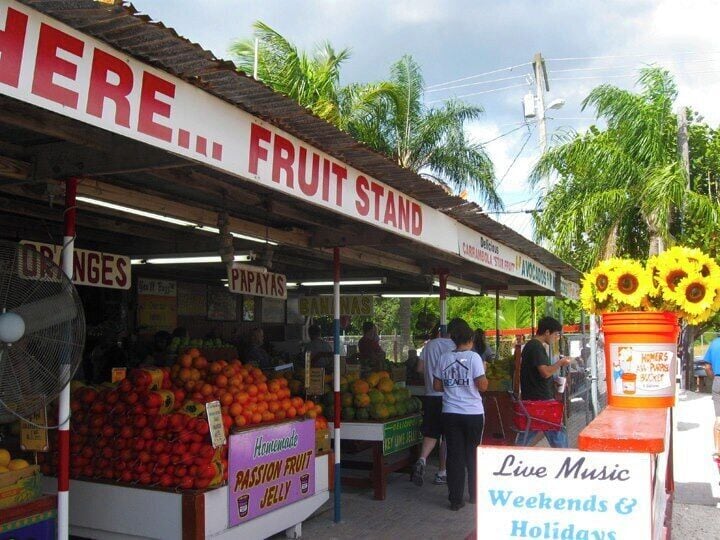 Uma banca de frutas com placas indicando laranjas e mamões, e um aviso de geleia de maracujá caseira.