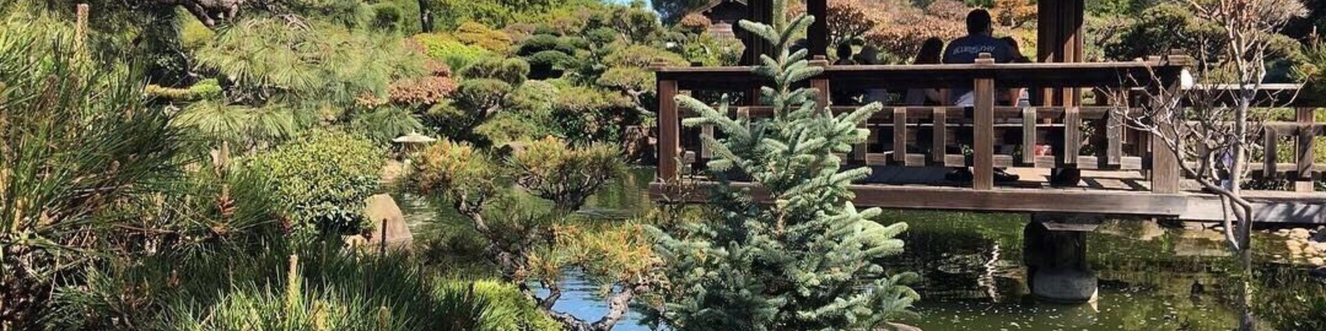 Um pavilhão tradicional japonês com telhado e grades de madeira, rodeado por vegetação exuberante e um pequeno lago.