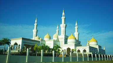 Uma grande mesquita com várias cúpulas e minaretes, cercada por uma grade e palmeiras.