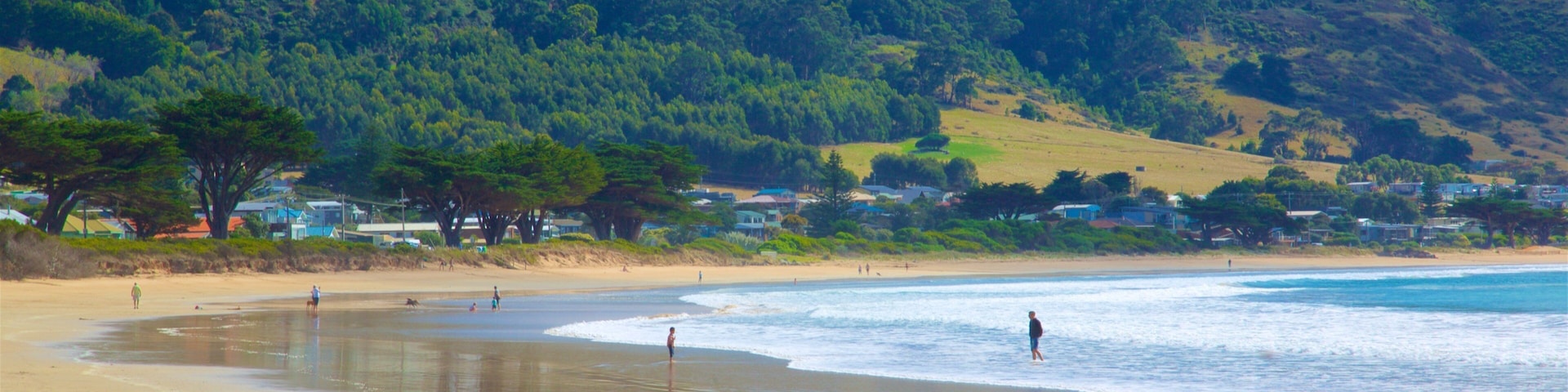 Great Ocean Road que inclui paisagens litorâneas e uma praia de areia assim como uma criança sozinha