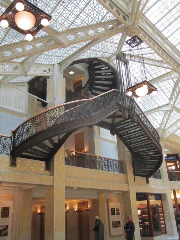 This staircase in The Rookery is only accessible from the second floor, and leads to the Burnham Library.
The center spiral is the Oriel Stairwell, which I posted separately.  You want to pay for the Burnham Library tour so you can access this part of the building.