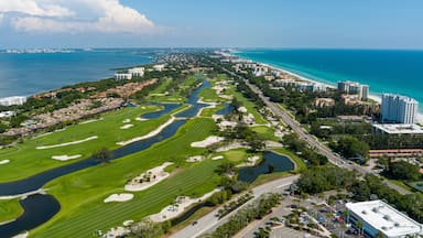 Paisagem costeira com campo de golfe, áreas residenciais e um porto de iates.