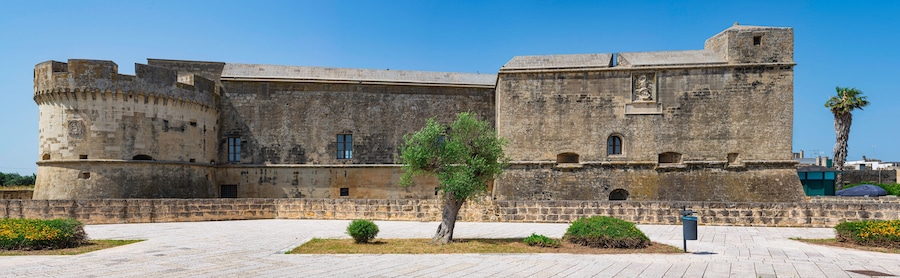 Uma fortaleza histórica de pedra com uma torre central e ameias, rodeada por um pátio pavimentado com uma palmeira e pequenos arbustos.