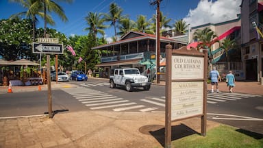 Rua com placa indicando o Antigo Tribunal de Lahaina, um carro azul e palmeiras.