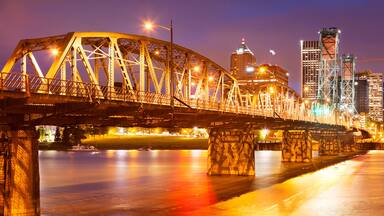 Paisagem urbana noturna com uma ponte destacada e edifícios iluminados.