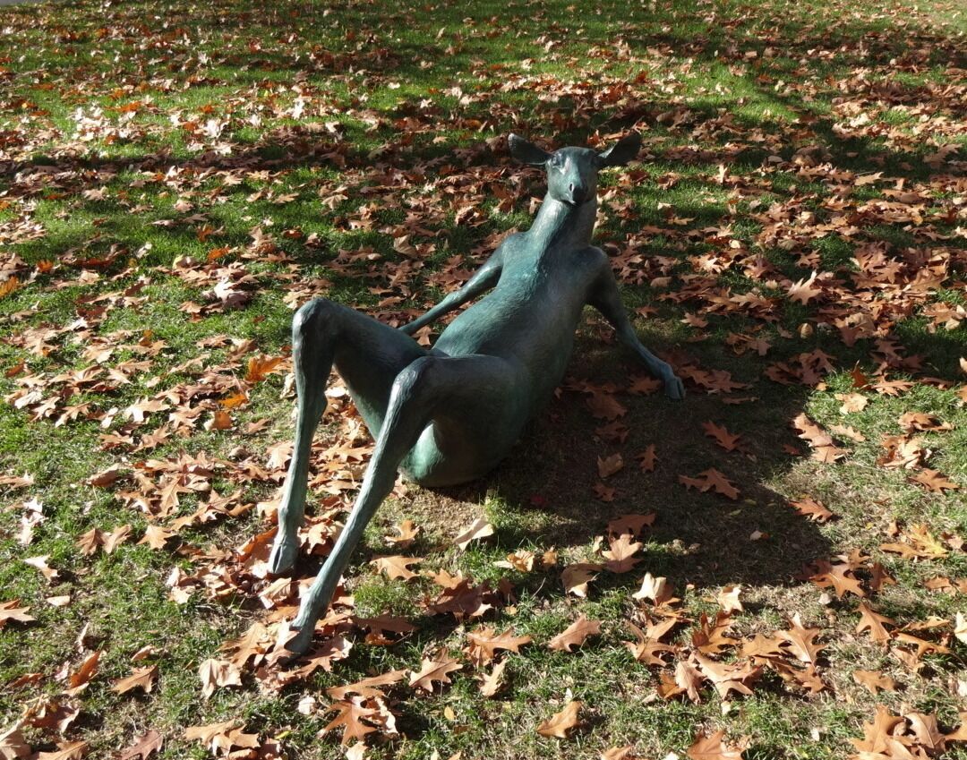 An anthropomorphic bronze doe in a rather suggestive come hither pose along the bank of the Scioto River. This is the work of artist and country singer Terry Allen. 
The idea came to him after learning that Scioto is from the Shawnee American Indian word for “hairy water.”
Shawnee Indians named the river after migrating from the Carolinas to find deer hair floating in the river.