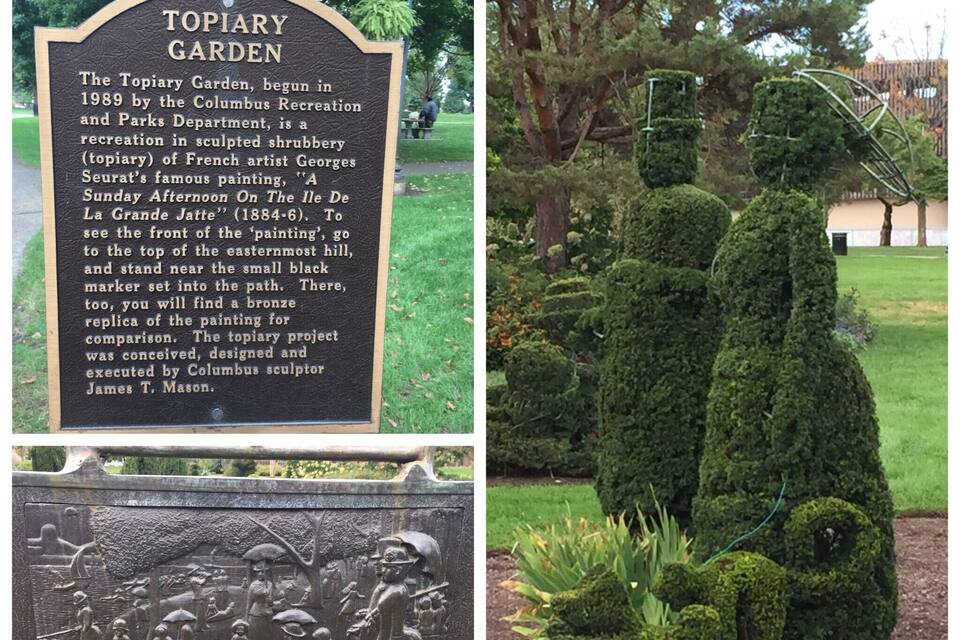 Um jardim de topiaria com esculturas e uma placa que descreve sua história e importância.