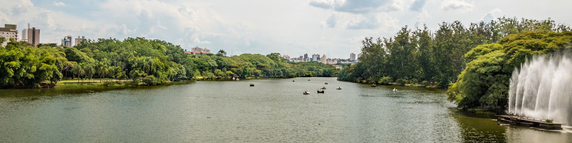 Um rio com uma cascata, cercado por vegetação densa e um horizonte urbano ao longe.