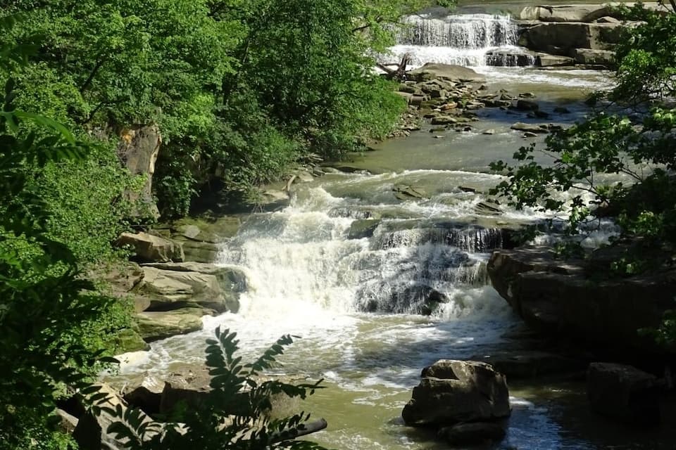 Um rio serpenteando por uma floresta, com uma cascata e uma ponte ao fundo.