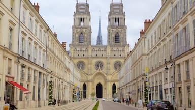 Uma catedral imponente com duas torres e uma agulha, ladeada por edifícios ricamente decorados e um espaço verde central.