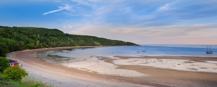 Paisagem costeira com uma praia arenosa, uma colina arborizada e várias embarcações na água.