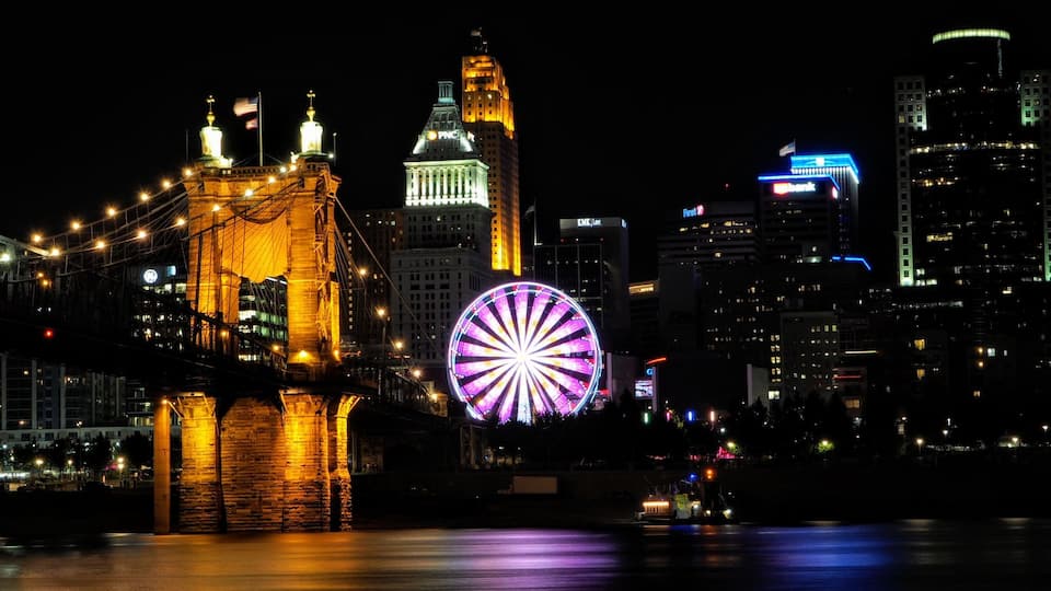 You could pay $12.50 to ride the Skystar Wheel, or you could trek across the John A. Roebling Suspension Bridge into Kentucky and capture this view of the Cincinnati skyline.