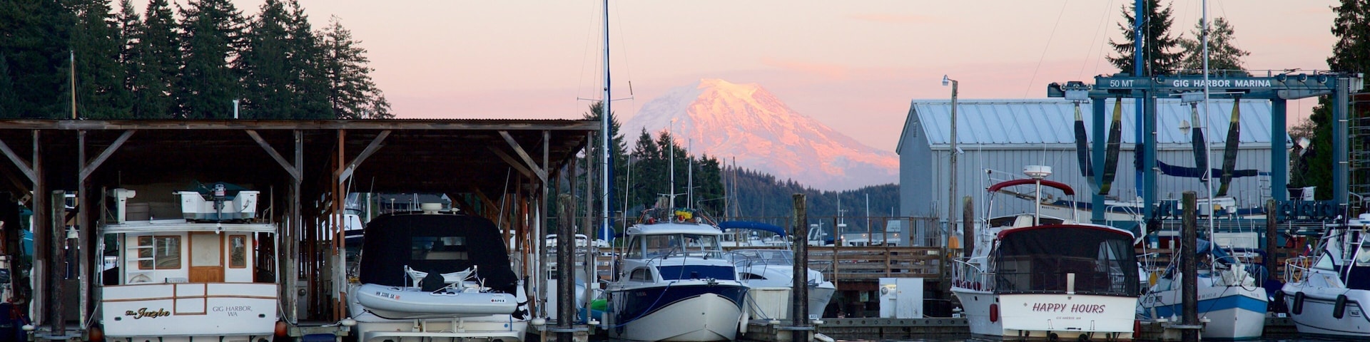 Uma marina com barcos atracados, uma montanha ao fundo e um edifício com a inscrição 'GIG HARBOR MARINA'.