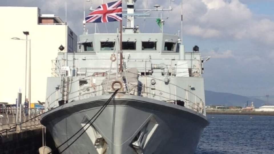 HMS Penzance docked in Swansea marina to commemorate the end of the falkland war.